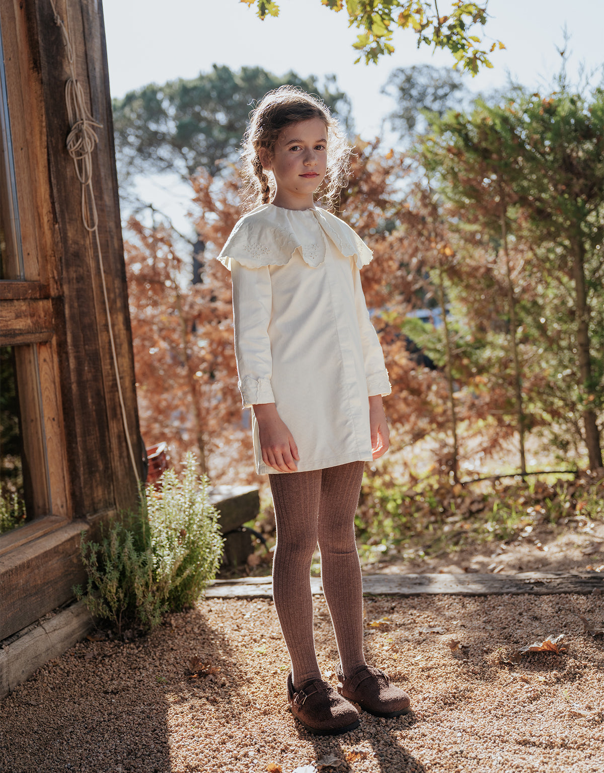 MERYL LONG SLEEVES SHIFT DRESS EGGNOG WITH EMBROIDERED CAPE AND CUFFS ...
